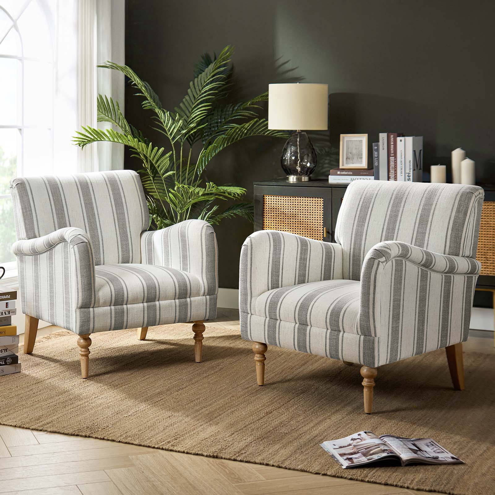 Stripe Accent Armchairs Set of 2, Upholstered with Wood Legs for Home ...