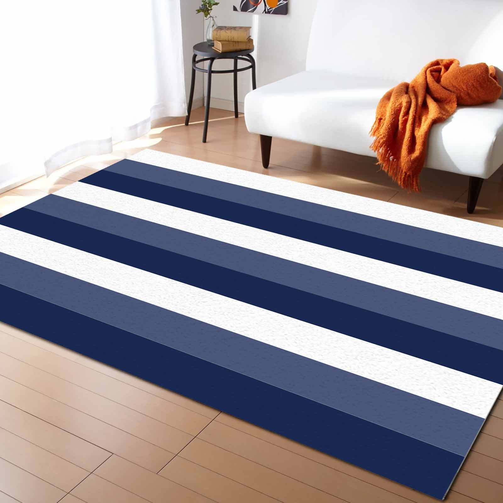 Stripe Area Rug 5'x8' Navy Blue and White Striped Geometric Washable ...