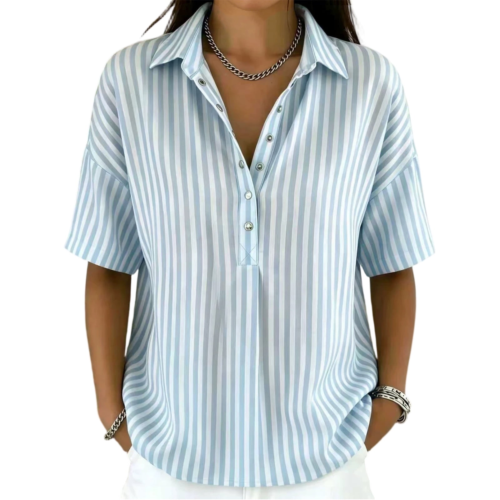 Stripe Blouse for Womens Short Sleeve Print Button Down Collared ...