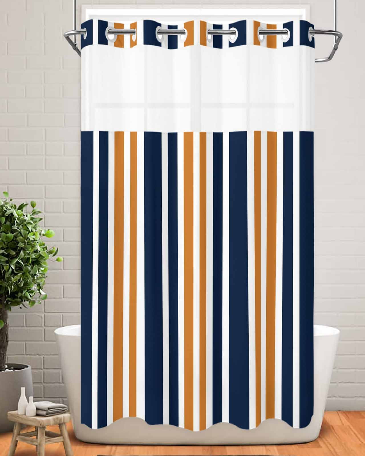 Stripe No Hook Shower Curtain with Snap in Liner, Orange Blue Contrast ...