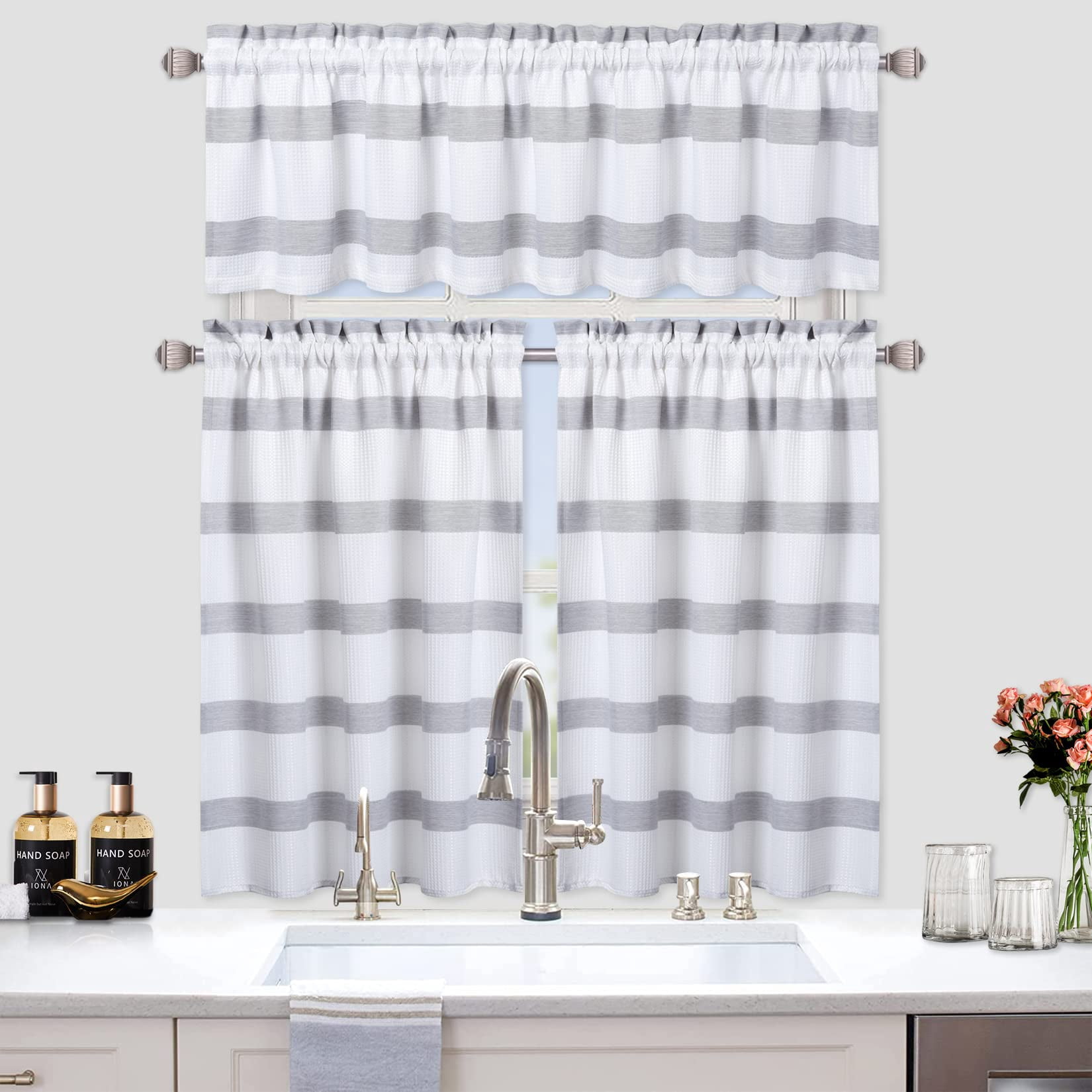 Stripe Pattern Kitchen Valances for Window,Waffle Weave Textured ...