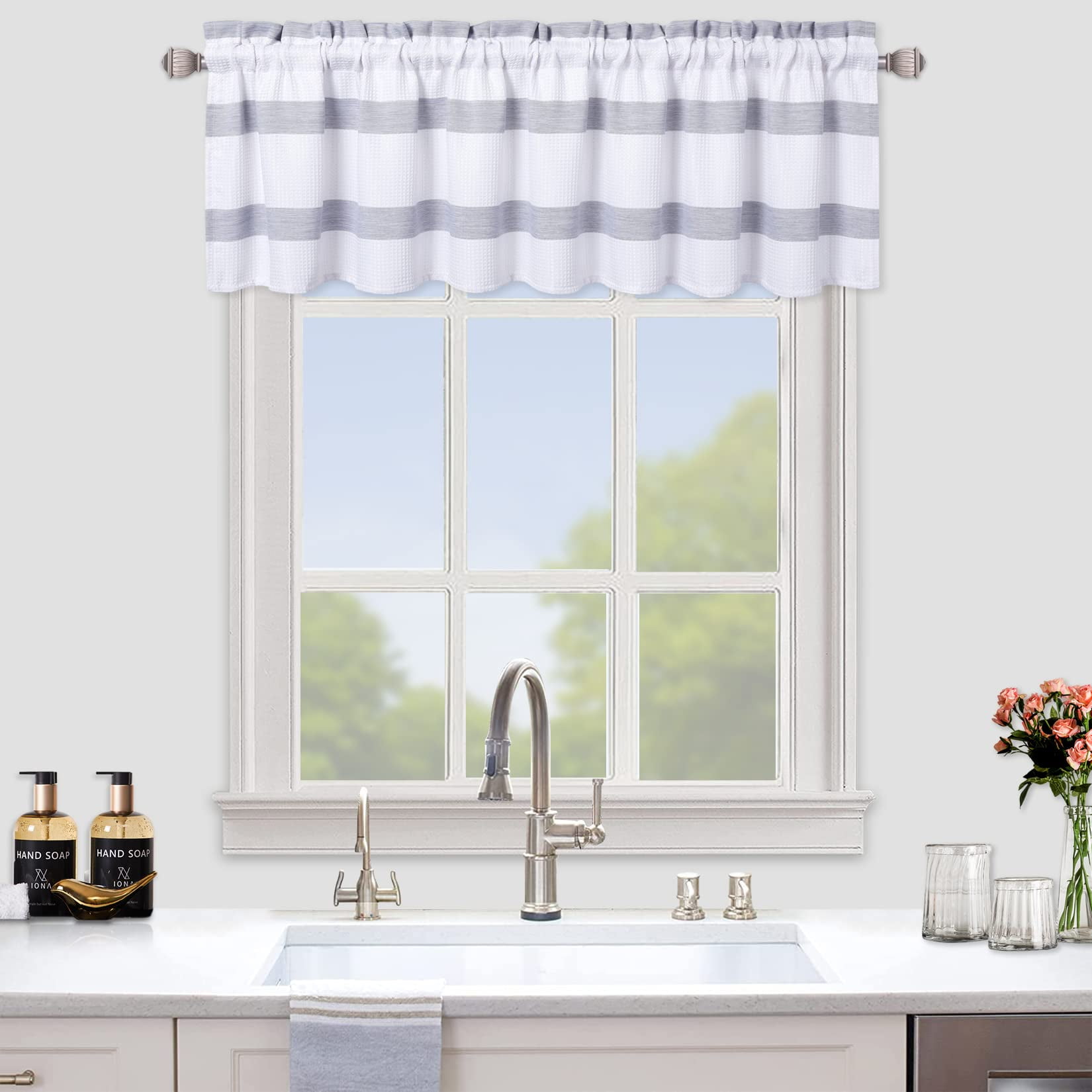 Tzou Striped Waffle Weave Kitchen Valances, Navy Blue and White, 60"x15 ...