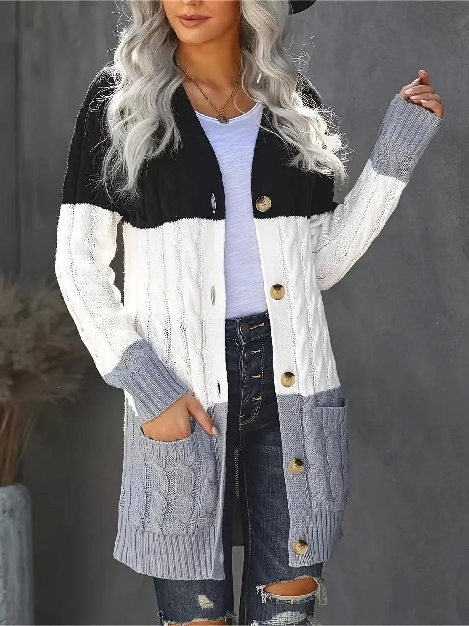 Stripe cable knit cardigan black grey pocket with button up - Walmart.com