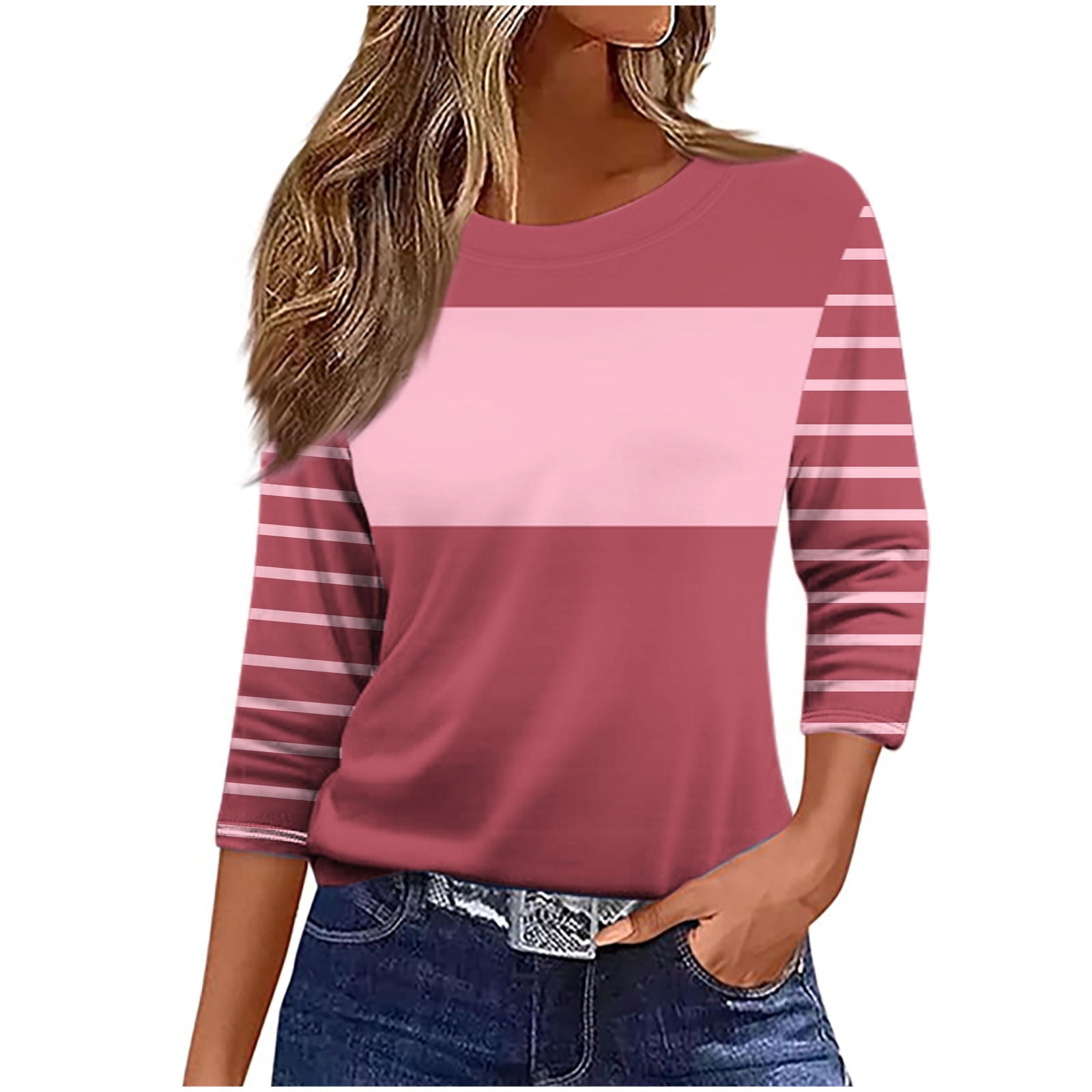 Striped 3/4 Sleeve Tops for Women Color Block Crewneck Shirt ...