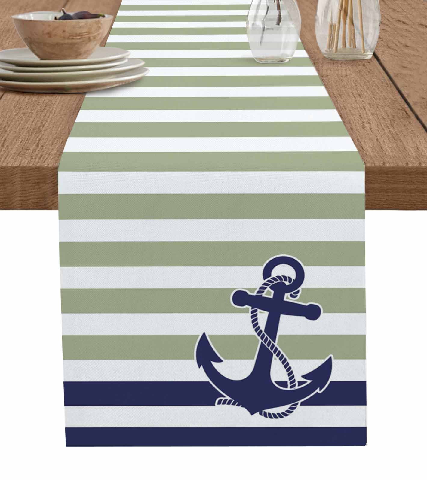 Striped Anchor Table Runner 90 Inches, Navy Blue Nautical Sage Green ...