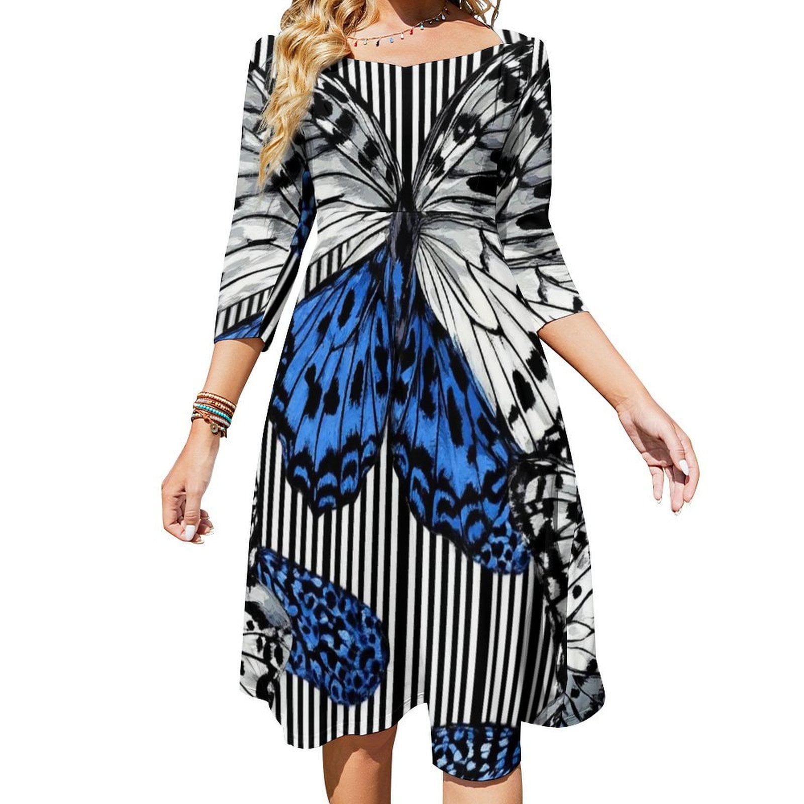 Striped Background Blue Butterflies Pattern Womens Summer Dress Tie ...