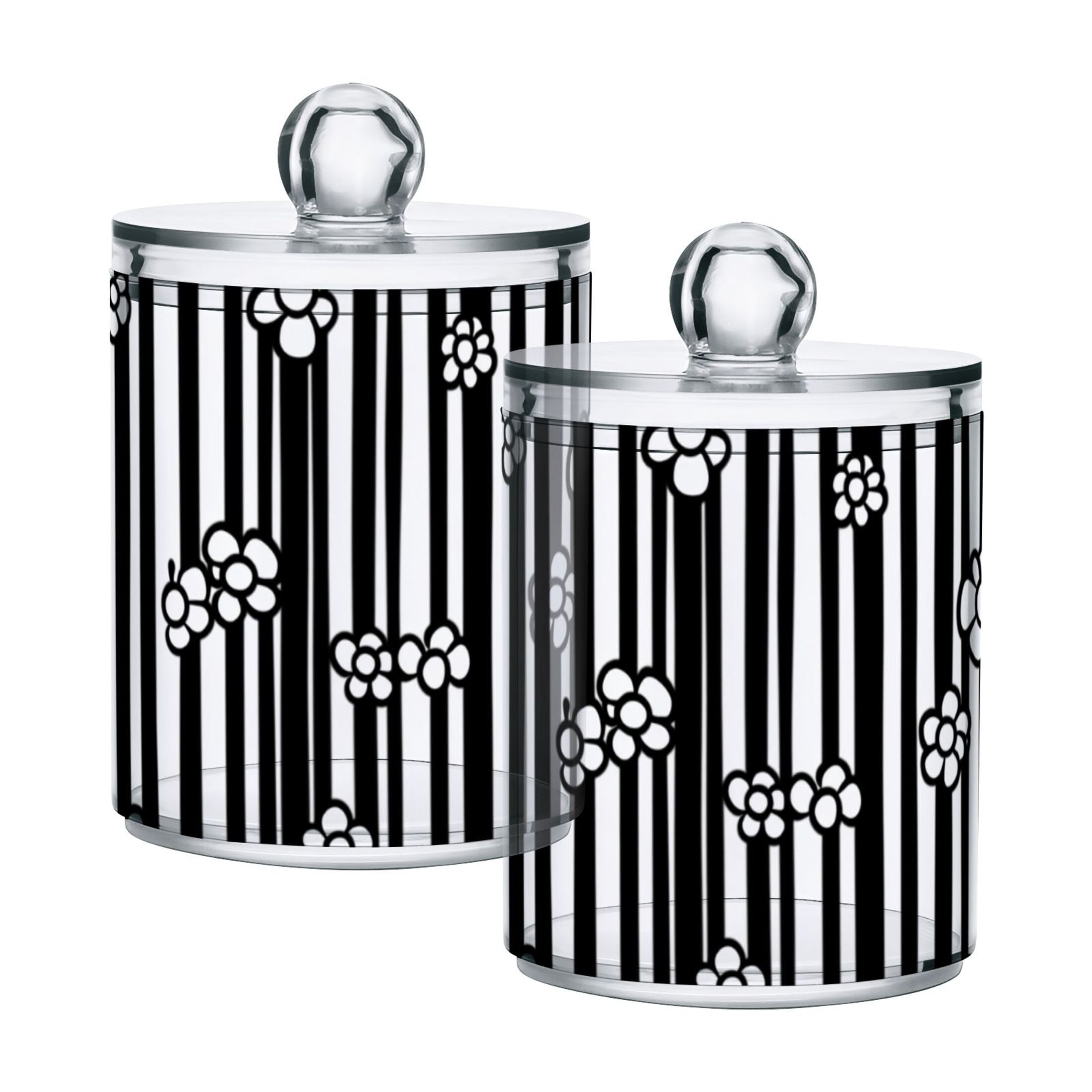 Striped Background with Flowers Cotton Swabs Cans Translucent Plastic ...