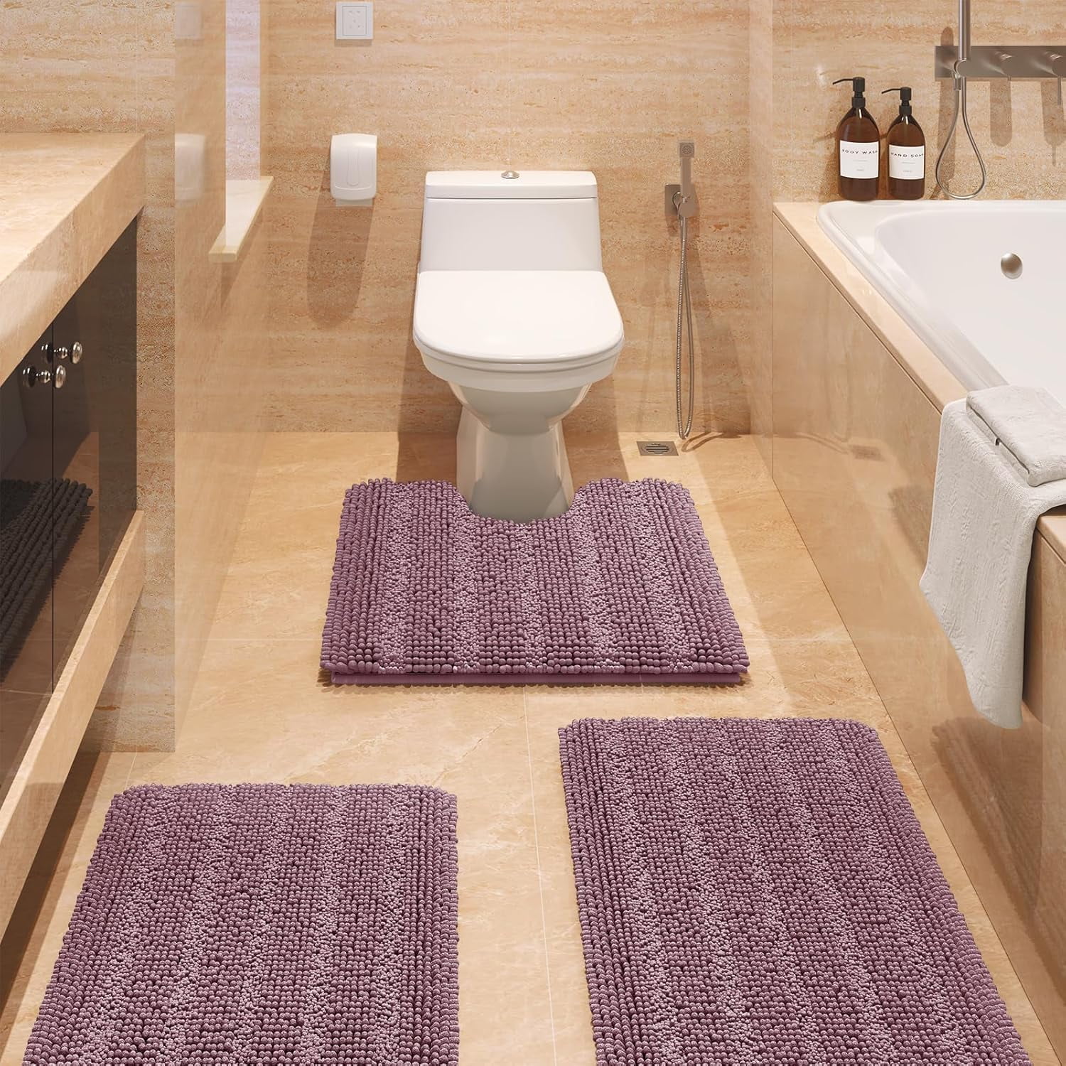 Striped Bathroom Rug Set 3 Pieces Ultra Soft, Non Slip Chenille Toilet ...