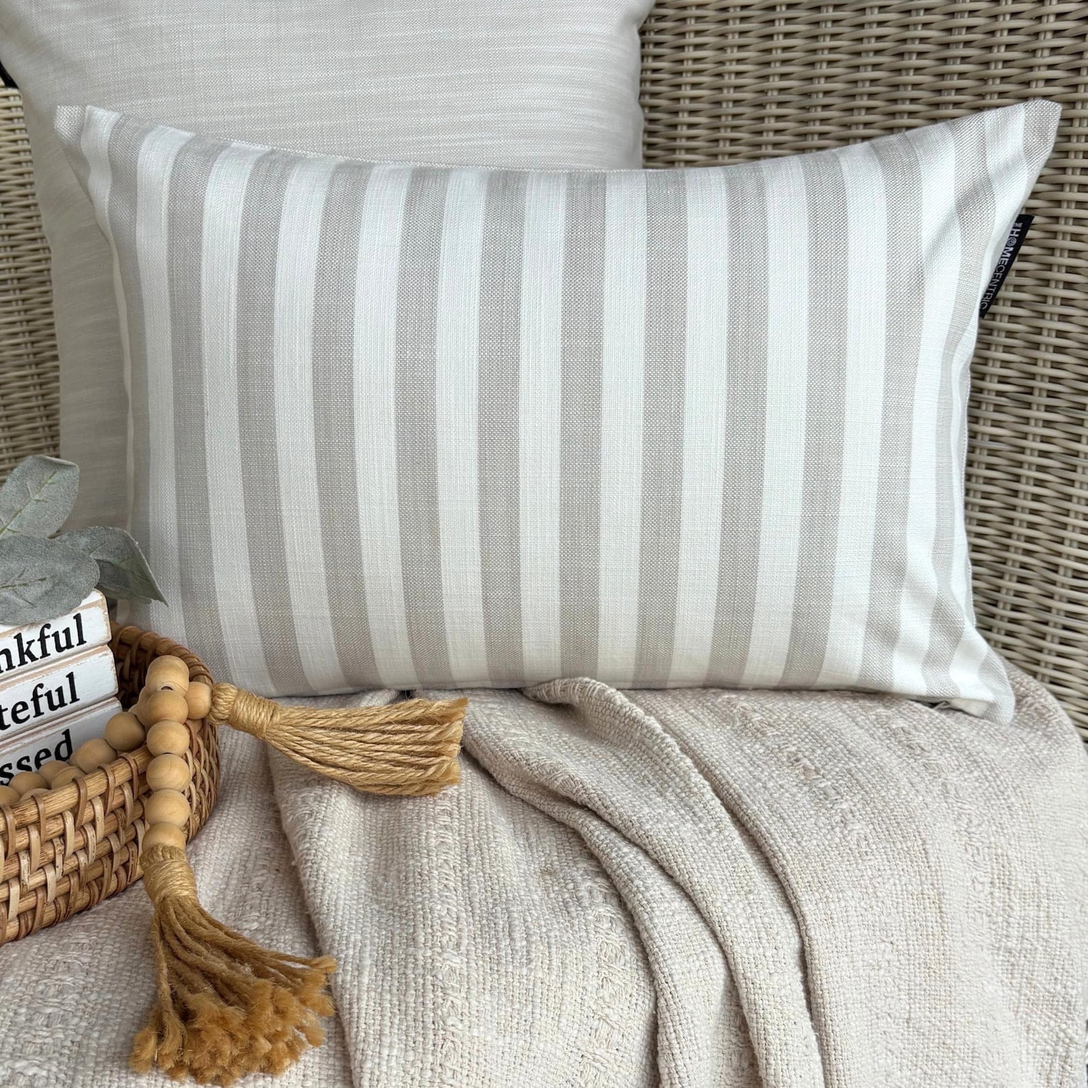 Striped Beige Decorative Lumbar Pillow Cover 12