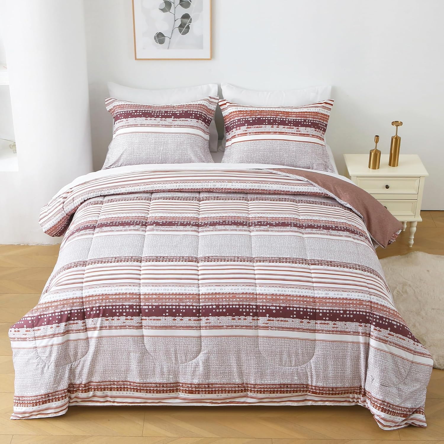 Striped Boho Floral Queen Sheet Set with Comforter, Reversible Colorful ...