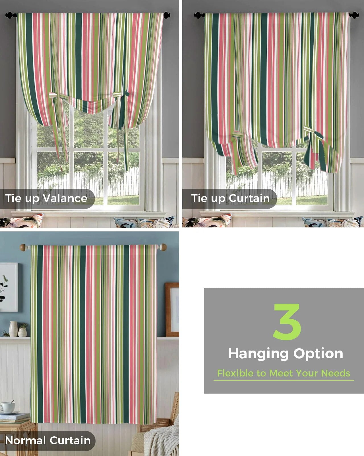 Striped Boho Teal Curtain for Living Room Kitchen Tie-up Short Curtains Adjustable Rod Pocket ...