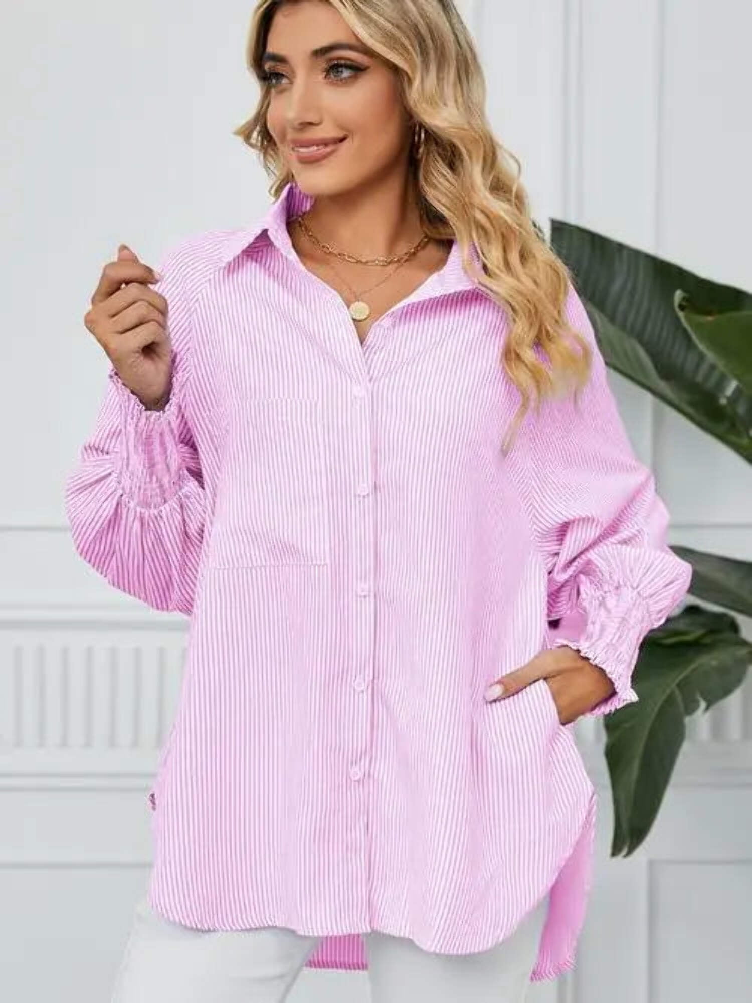 Striped Button Up Smocked Long Sleeve Shirt - BazaarBey - Walmart.com