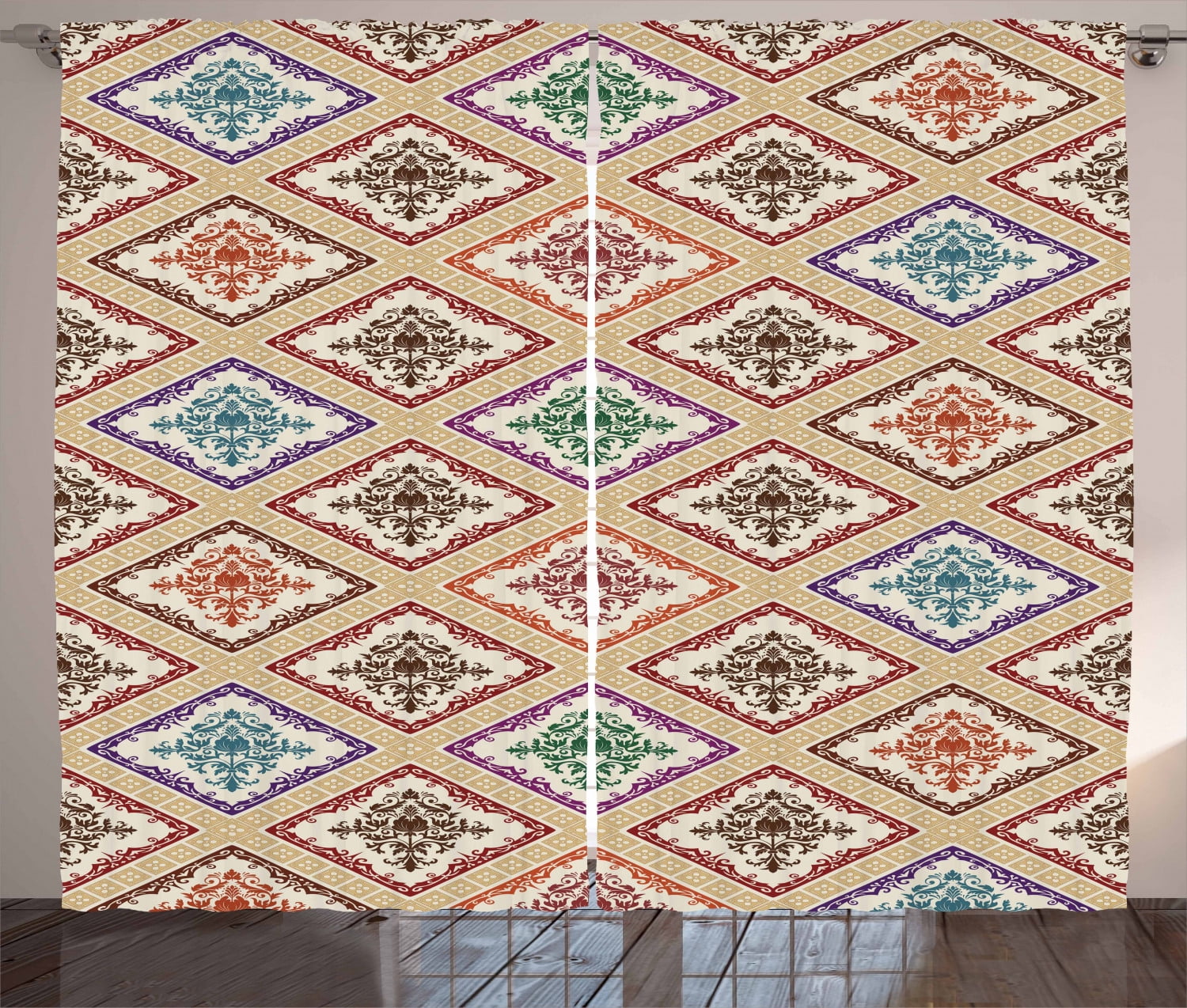 Ambesonne Damask Curtains 2 Panel Set, Motif in Vivid Rhombuses, 108" x ...