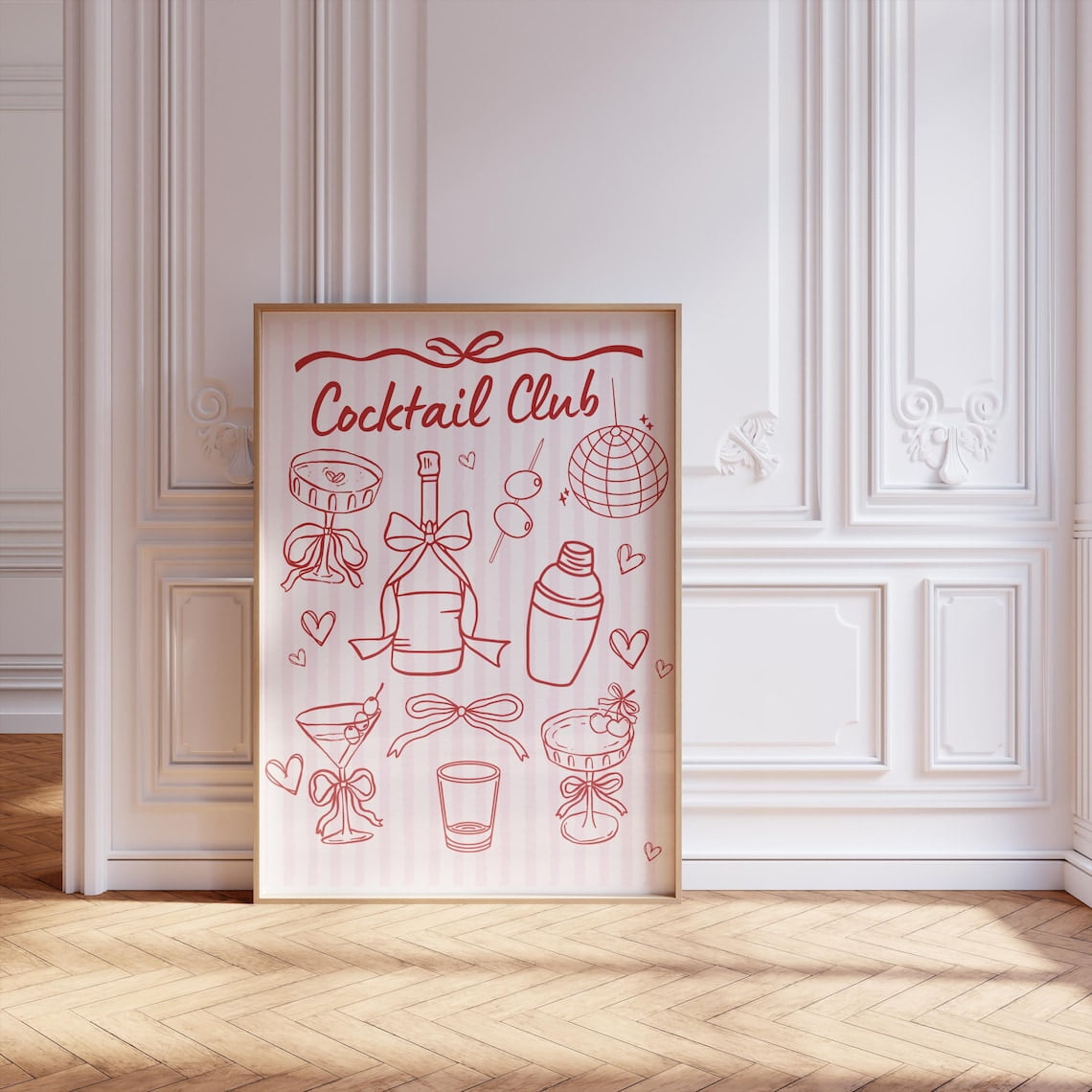 Striped Cocktail Club Print, Pink Coquette Bar Cart Art Home Decor #613 ...
