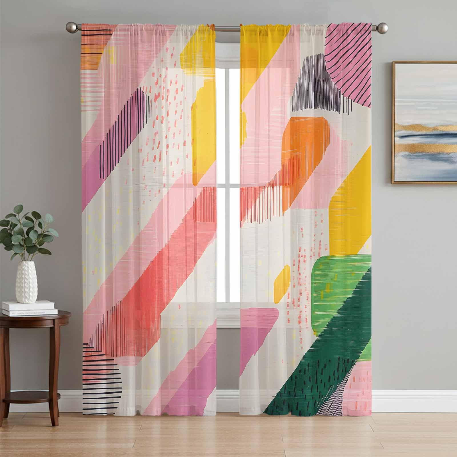 Striped Color Block Sheer Curtains 84 Inch Length 2 Panels Set ...