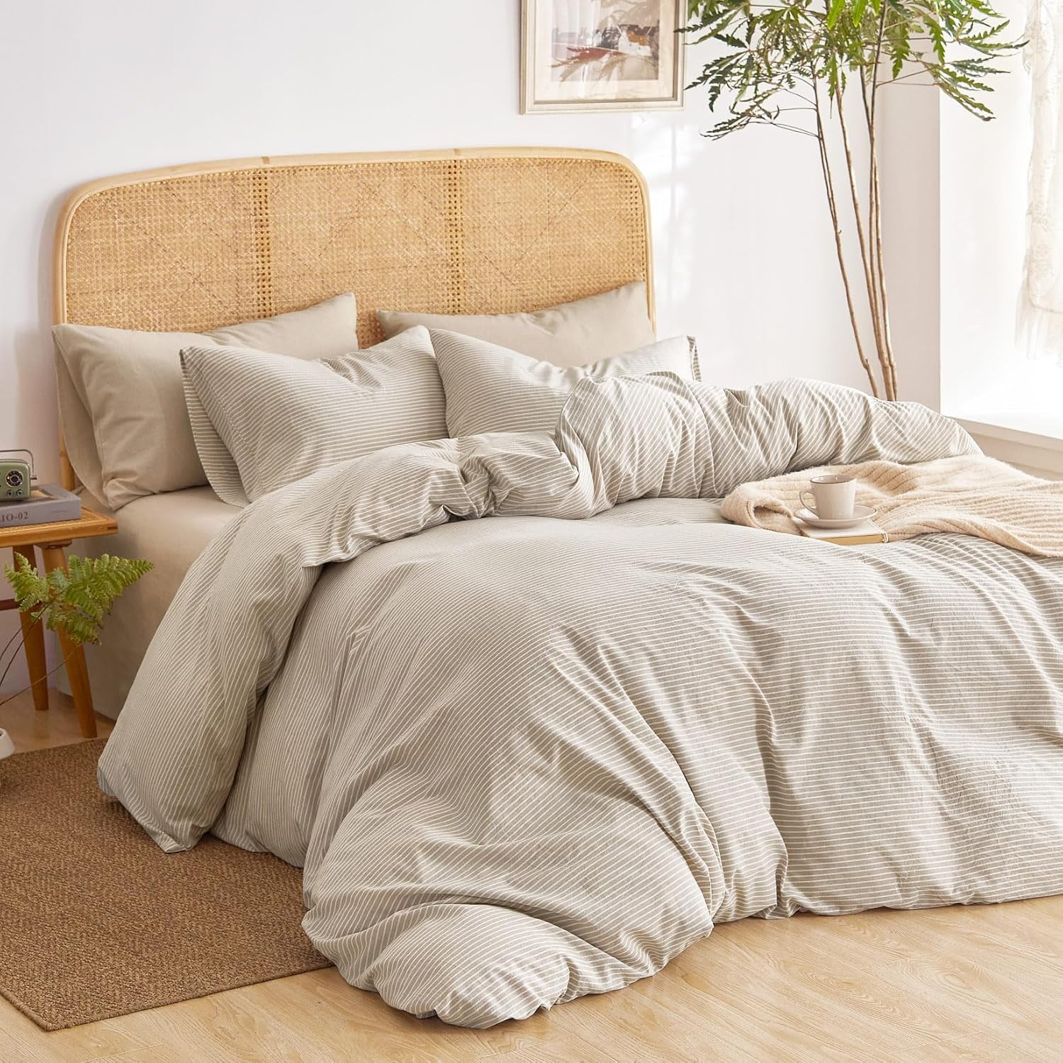 Striped Cotton Duvet Cover Set, 100% Washed Cotton Textured Percale ...