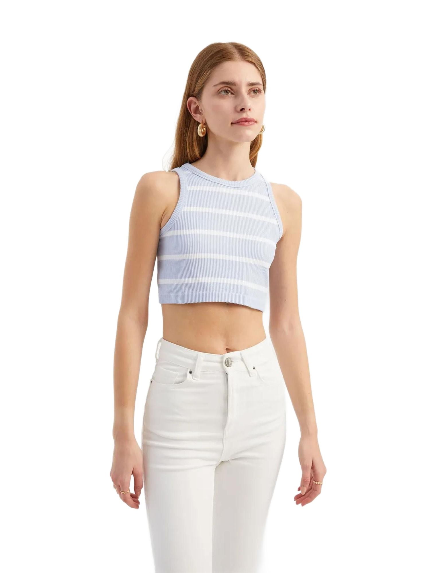 Striped Crew Neck Crop Top - Walmart.com