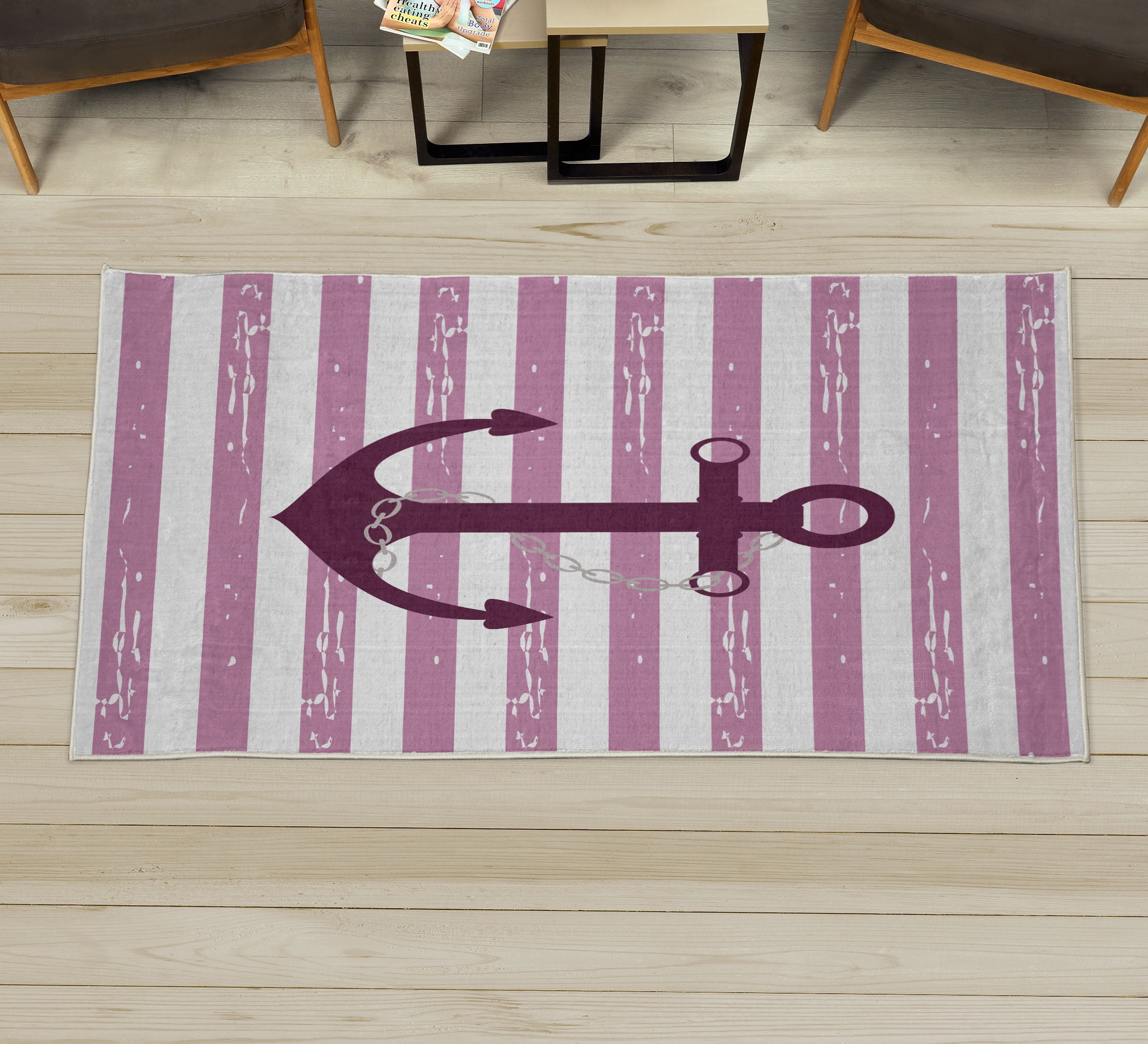 Striped Decorative Rug, Ship Anchor Chain Marine Life Inspired Lines ...