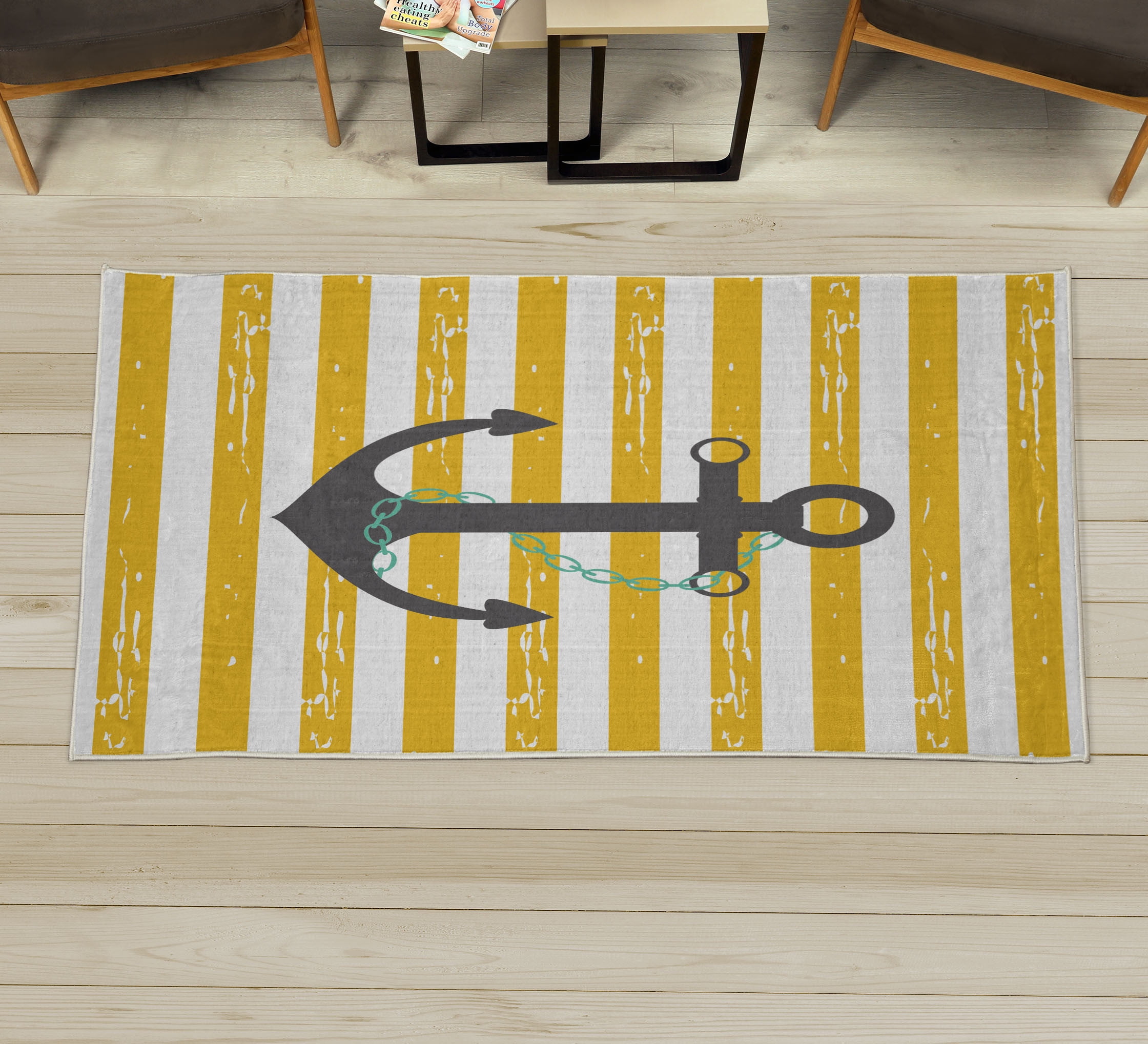Striped Decorative Rug, Ship Anchor Chain Marine Life Inspired Lines ...
