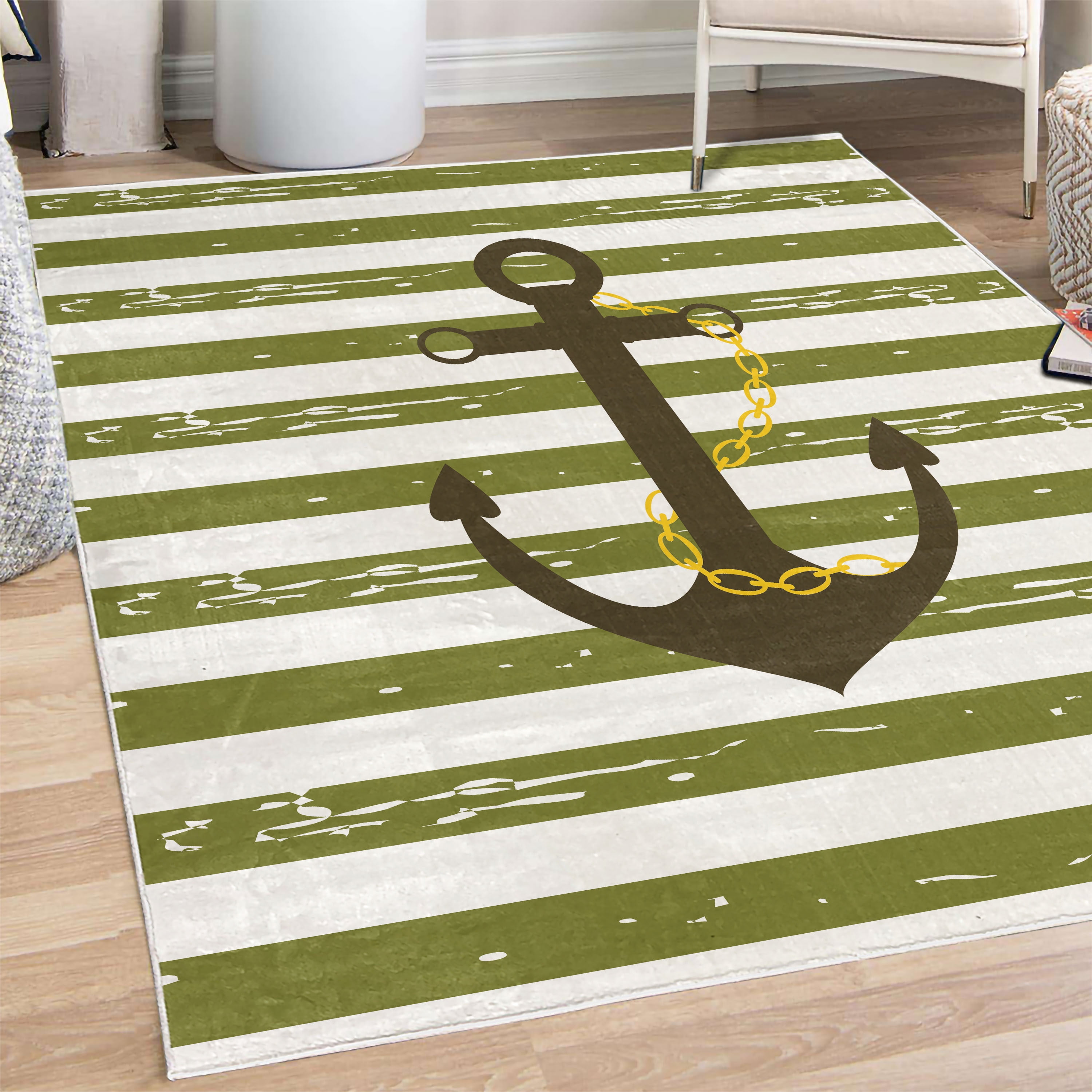 Striped Decorative Rug, Ship Anchor Chain Marine Life Inspired Lines ...