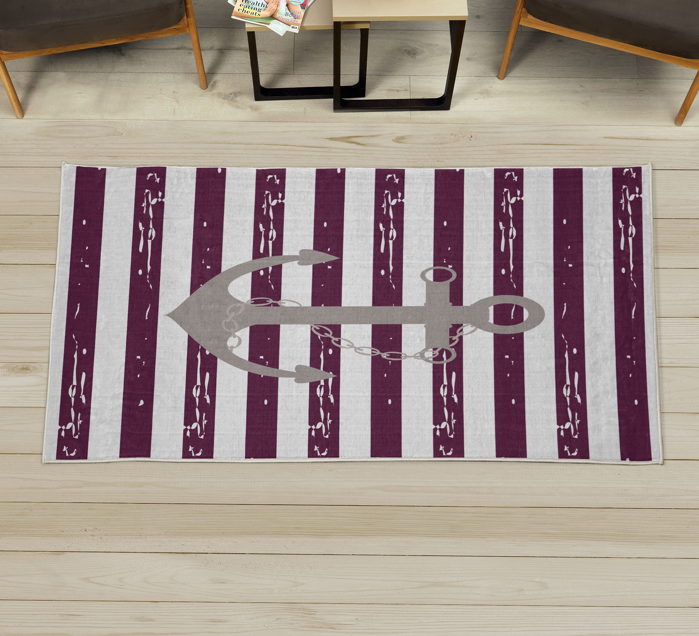 Striped Decorative Rug, Ship Anchor Chain Marine Life Inspired Lines ...