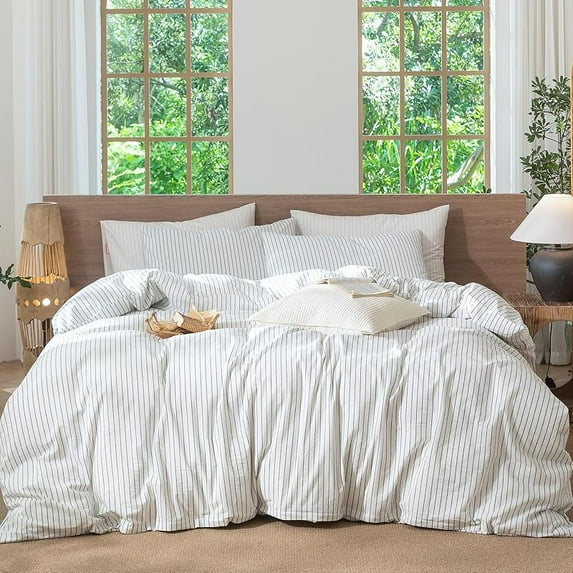 Striped Duvet Cover Set 100% Washed Cotton Linen Like Textured ...