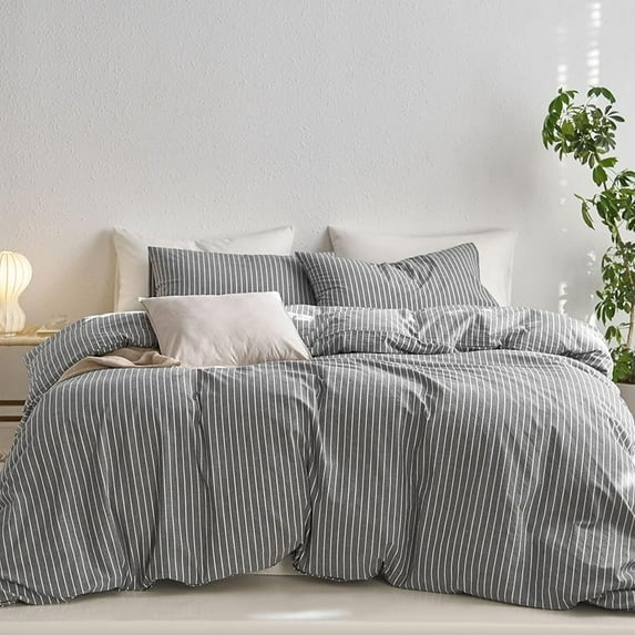 Striped Duvet Cover Set 100% Washed Cotton Linen Like Textured ...