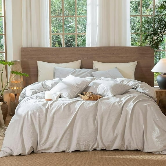 Striped Duvet Cover Set 100% Washed Cotton Linen Like Textured ...