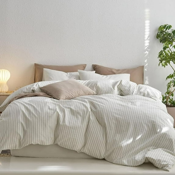 Striped Duvet Cover Set 100% Washed Cotton Linen Like Textured ...