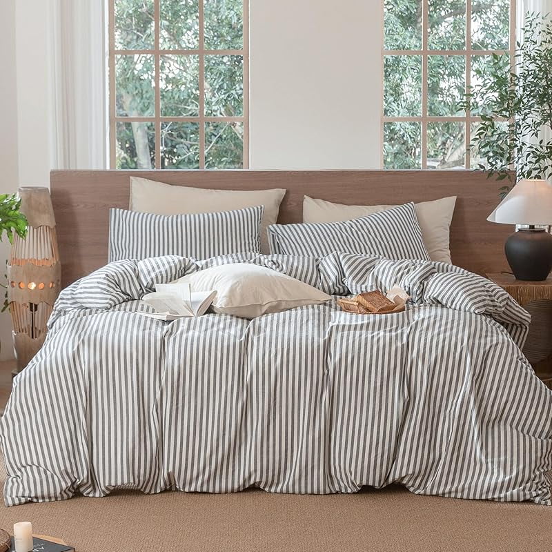 Striped Duvet Cover Set 100% Washed Cotton Linen Like Textured ...