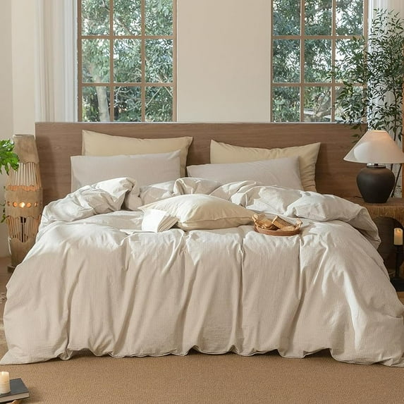 Striped Duvet Cover Set 100% Washed Cotton Linen Like Textured ...