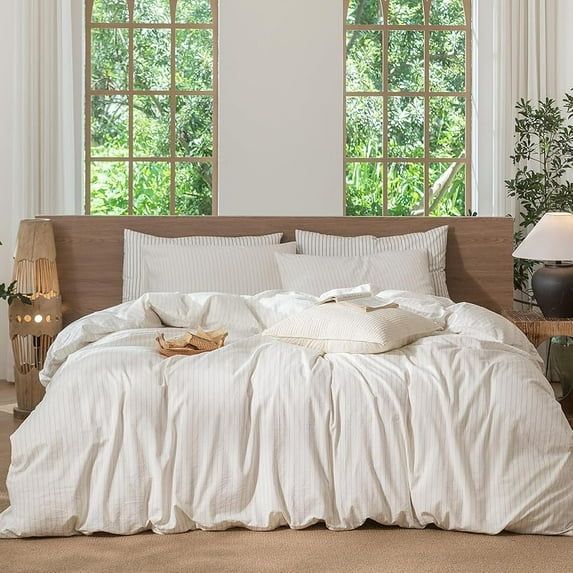 Striped Duvet Cover Set 100% Washed Cotton Linen Like Textured ...