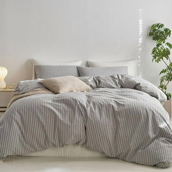 Striped Duvet Cover Set 100% Washed Cotton Linen Like Textured ...