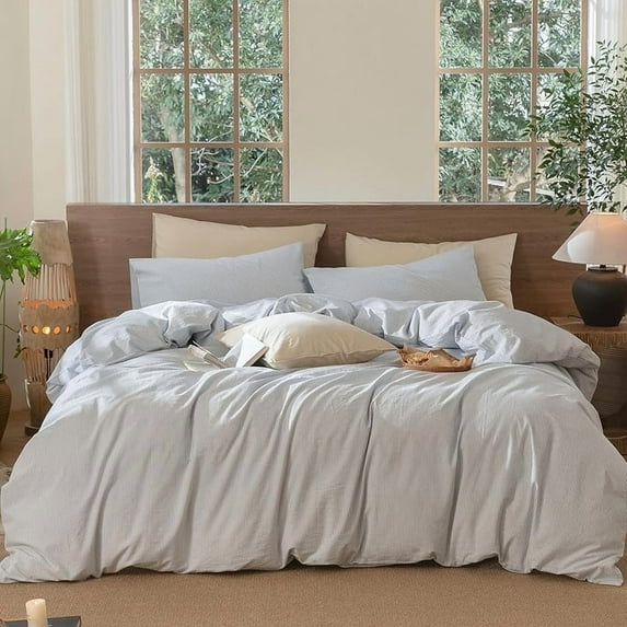 Striped Duvet Cover Set 100% Washed Cotton Linen Like Textured ...