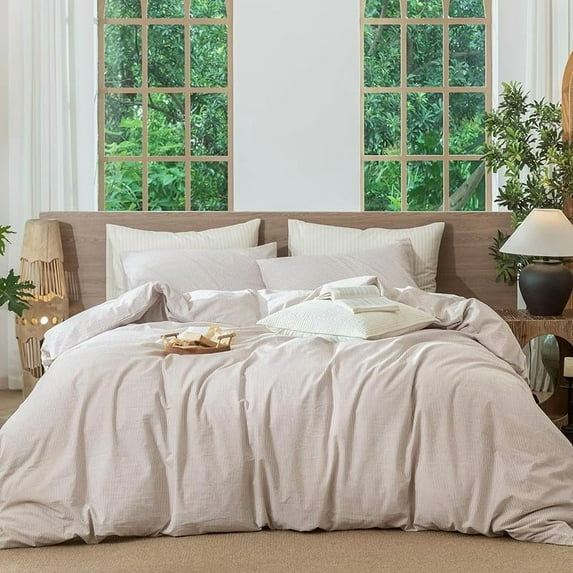 Striped Duvet Cover Set 100% Washed Cotton Linen Like Textured ...