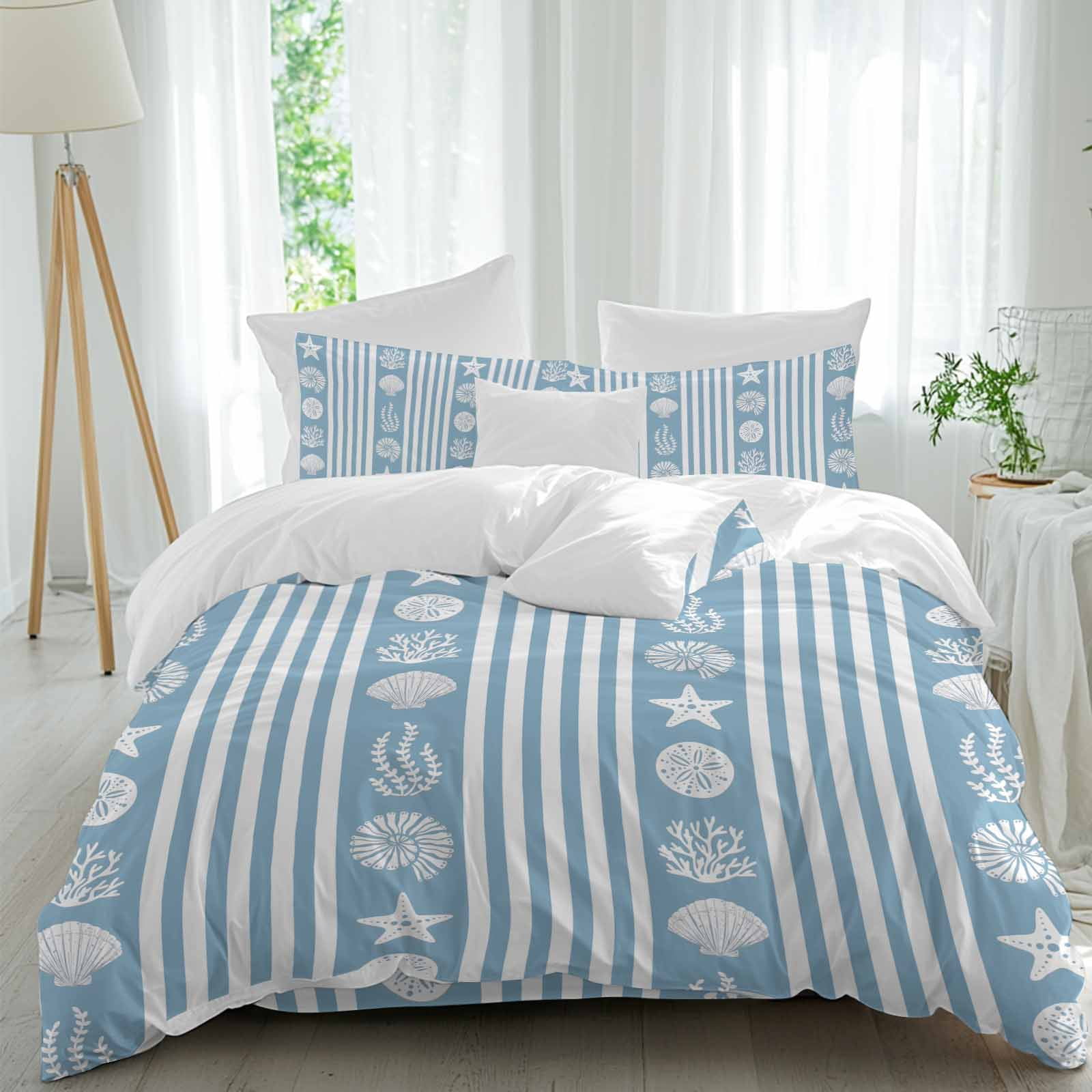Striped Duvet Cover Set Full Size Ocean Blue Starfish Shell Jellyfish ...