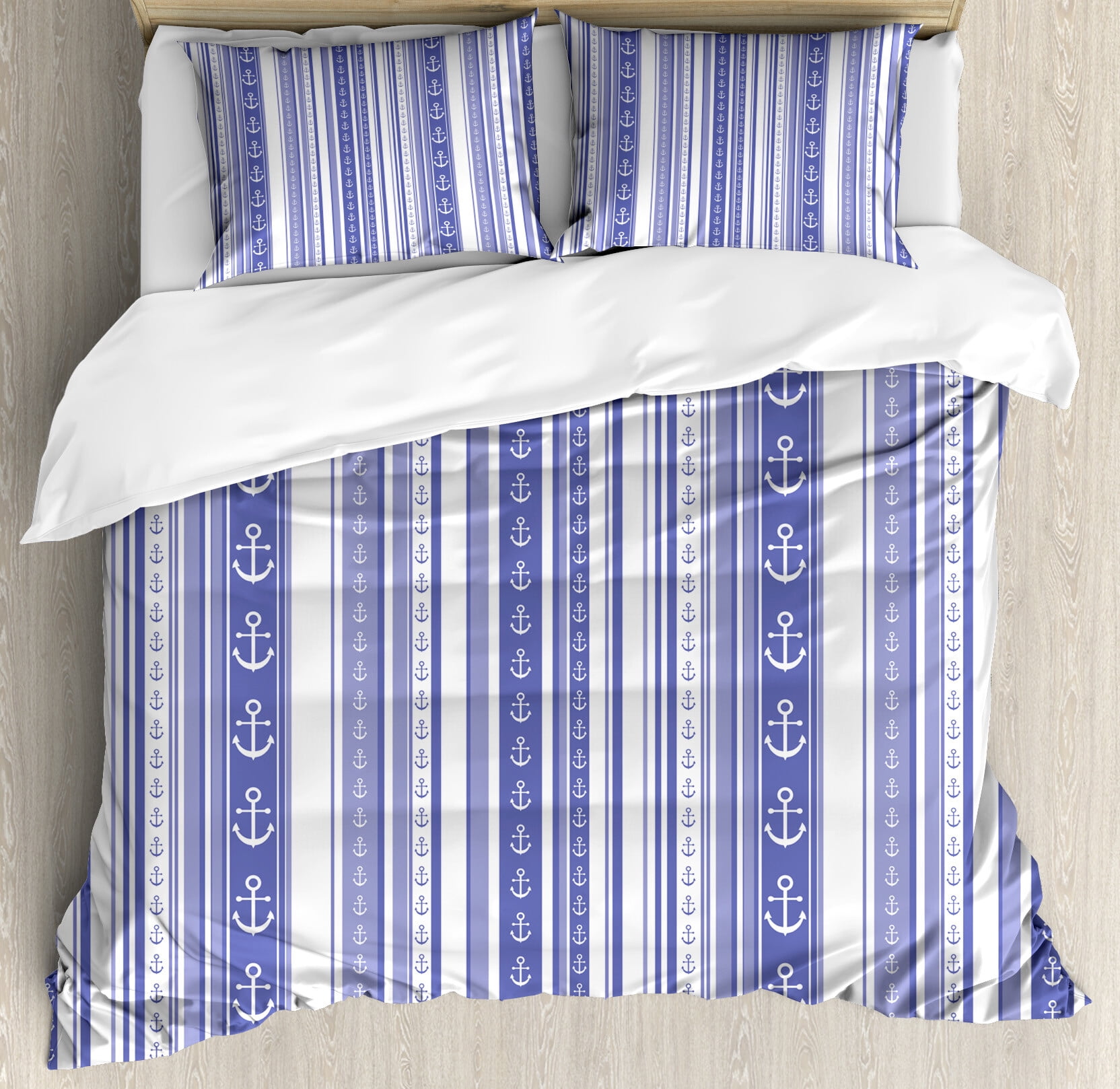 Striped Duvet Cover Set, Nautical Anchors and Tape Motifs Sea Life ...