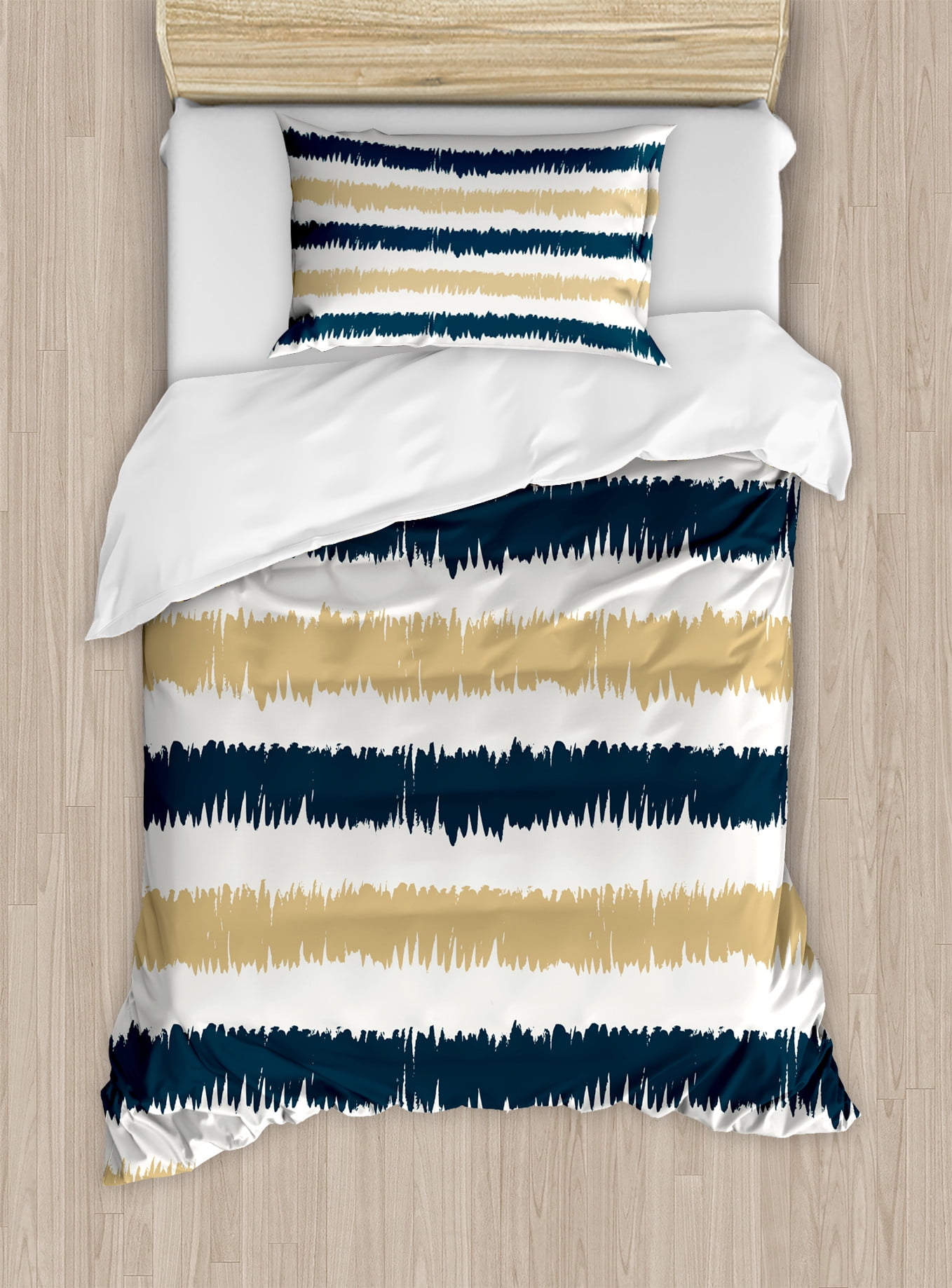 Striped Duvet Cover Set, Petrol Blue and Beige Paintbrush Strokes ...