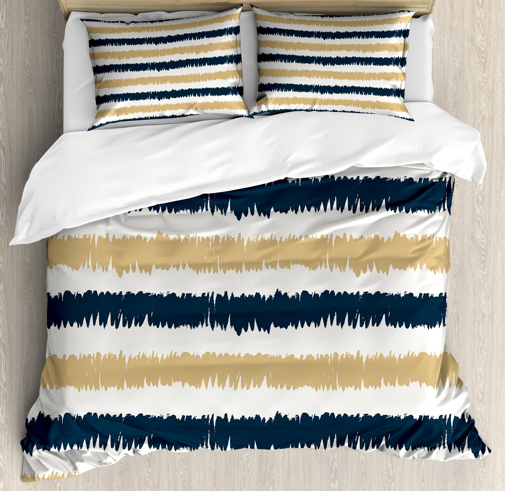 Striped Duvet Cover Set, Petrol Blue and Beige Paintbrush Strokes ...