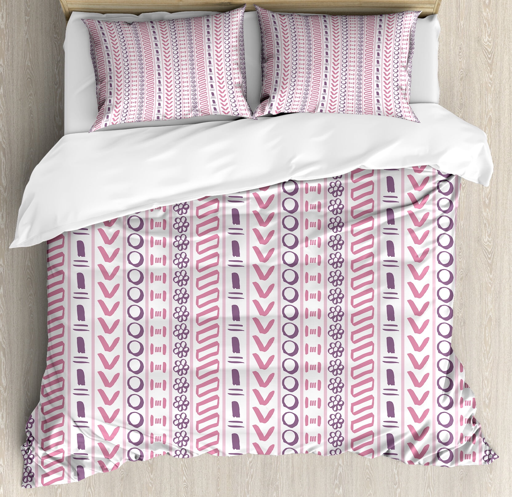 Striped Duvet Cover Set, Prehistoric Shapes with Flowers Circles Folk ...