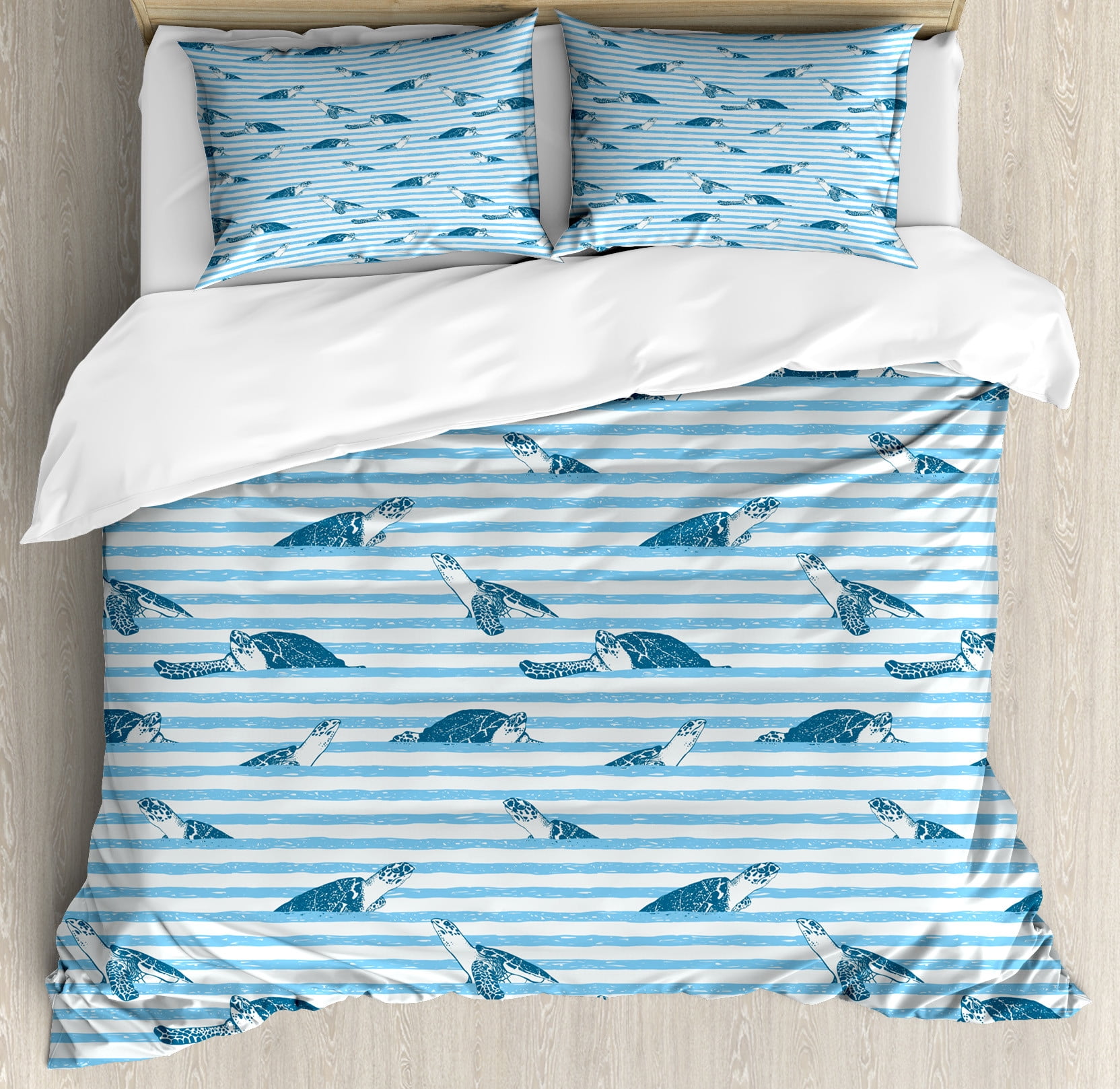 Striped Duvet Cover Set, Turtles and Blue Stripes Abstract Print ...