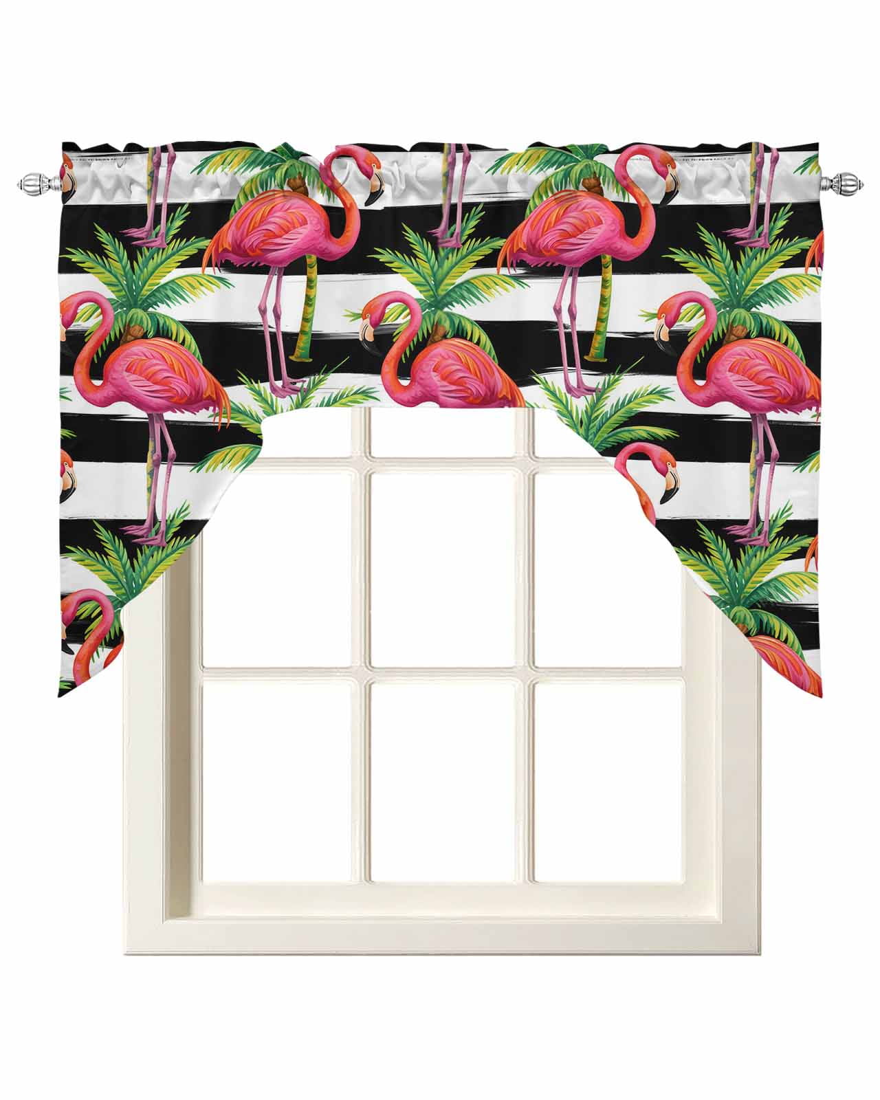Striped Flamingo Kitchen Swag Valances for Windows, Pink Birds Green ...