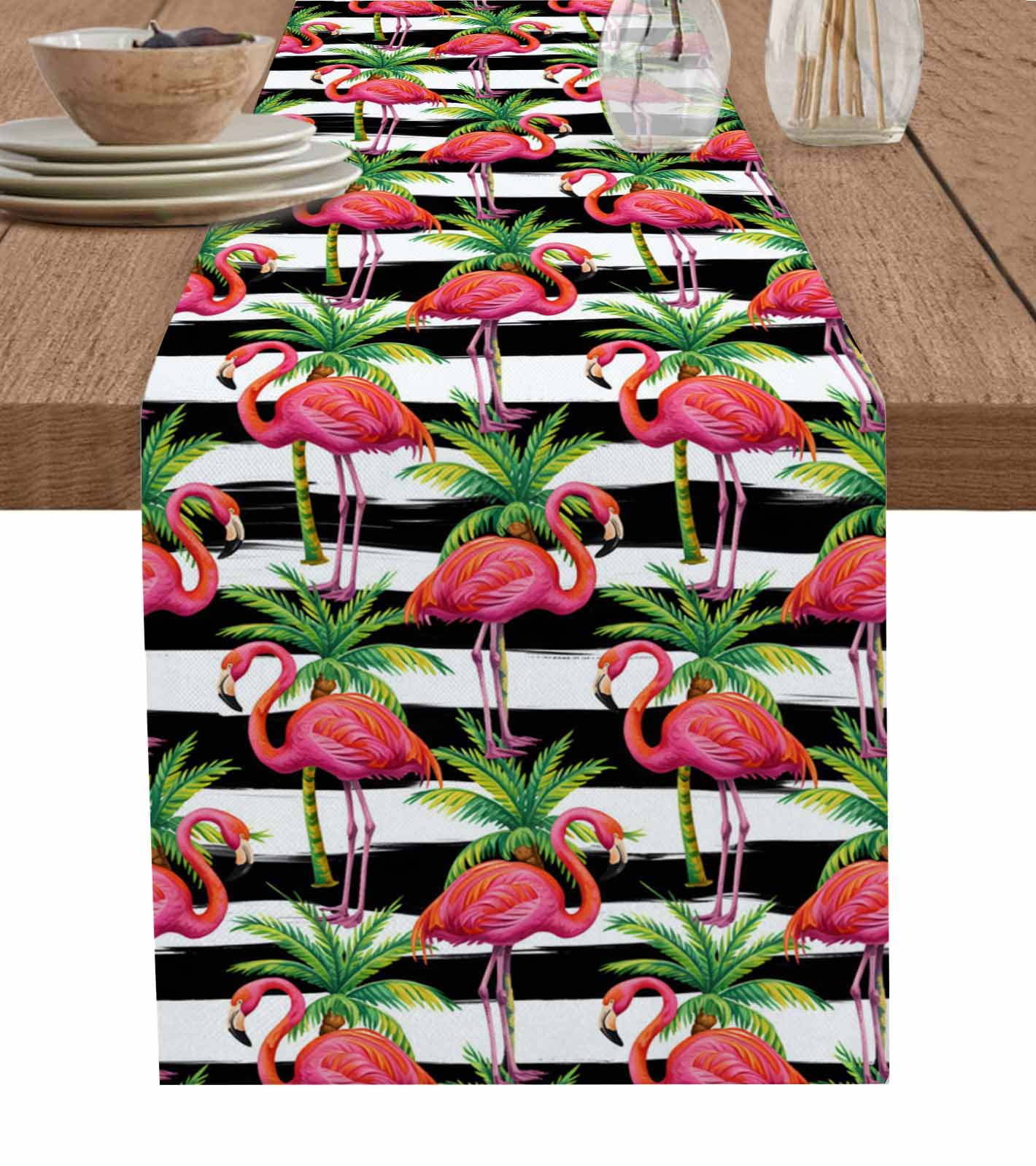 Striped Flamingo Table Runner 72 Inches, Pink Birds Green Palm Leaf ...
