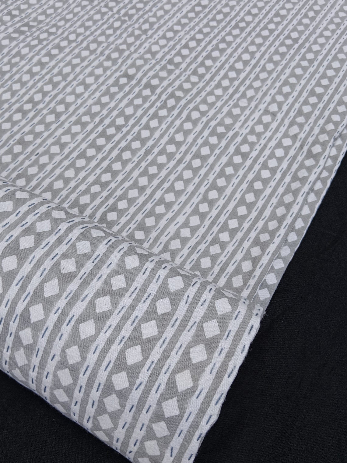 Striped Grey Kantha Quilt Indian Hand Block Print Kantha Grey Striped ...
