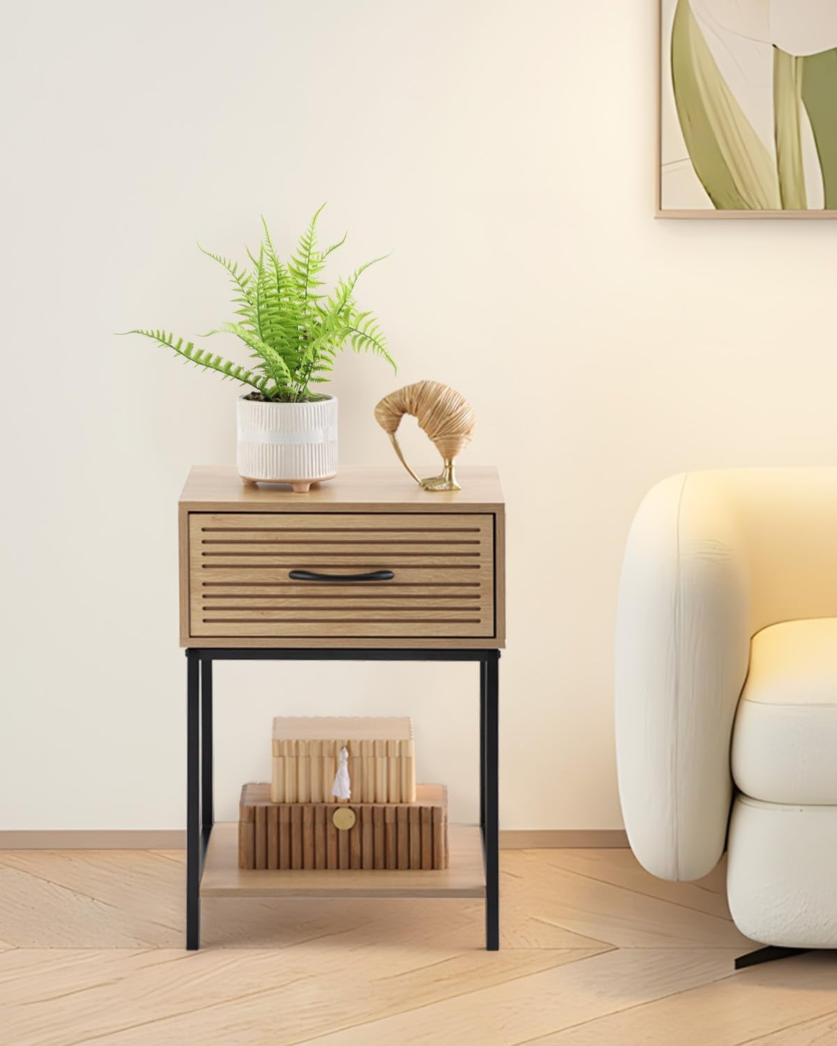 Striped Grooved Nightstand with Solid Wood Storage Drawer, Bedside ...
