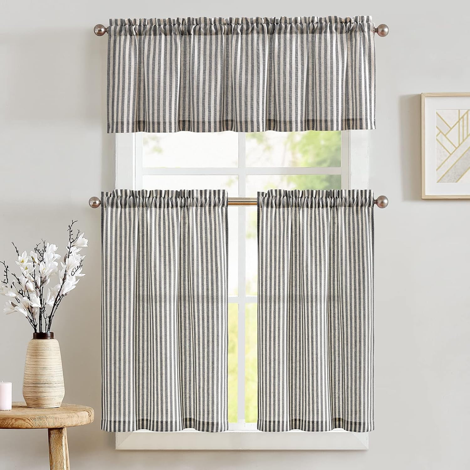 Striped Kitchen Curtains and Valance Set 24 Inch Tier Curtains Ticking Stripe Linen Small Drapes ...