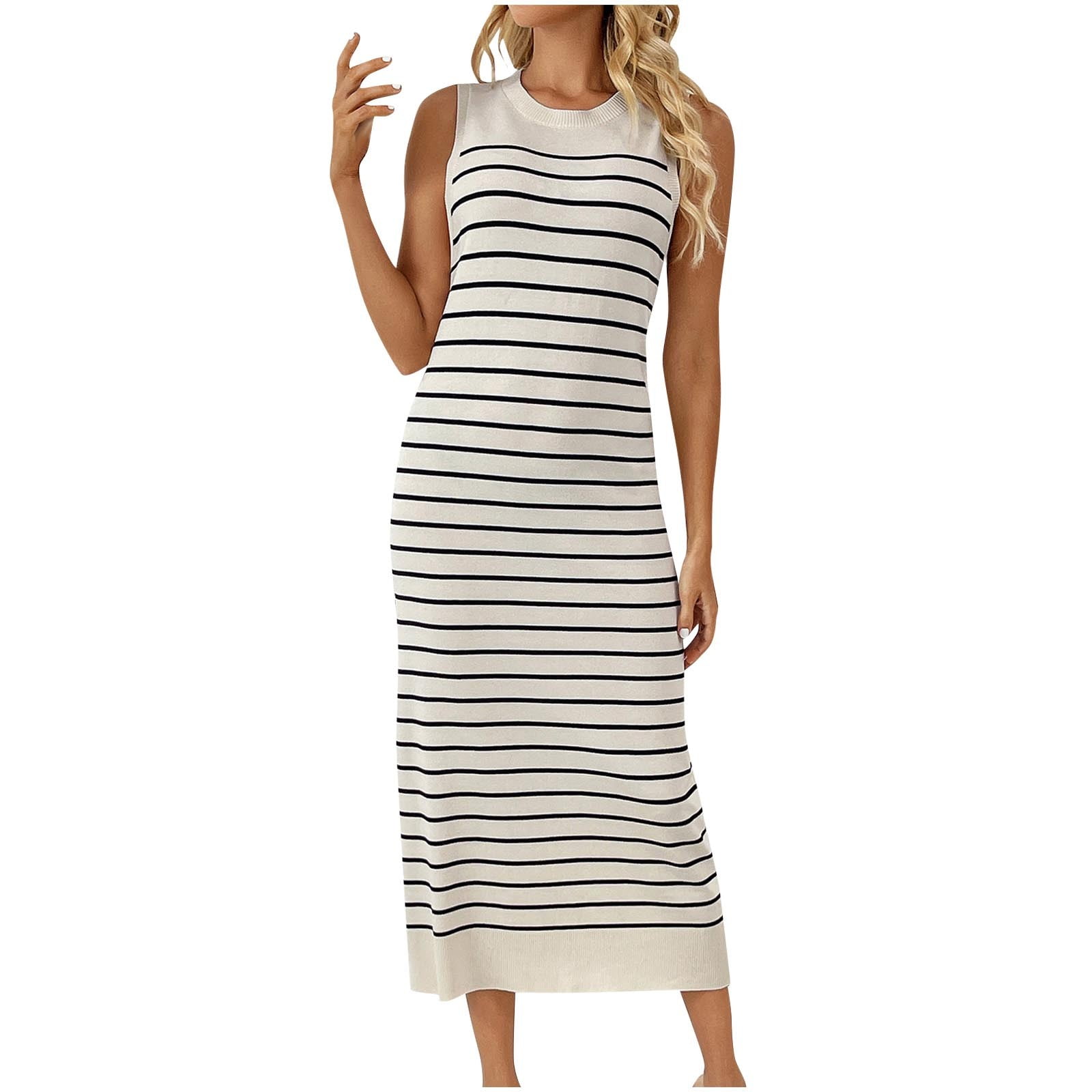 Striped Knit Dresses for Women 2024 Summer Sleeveless Casual Sundress ...