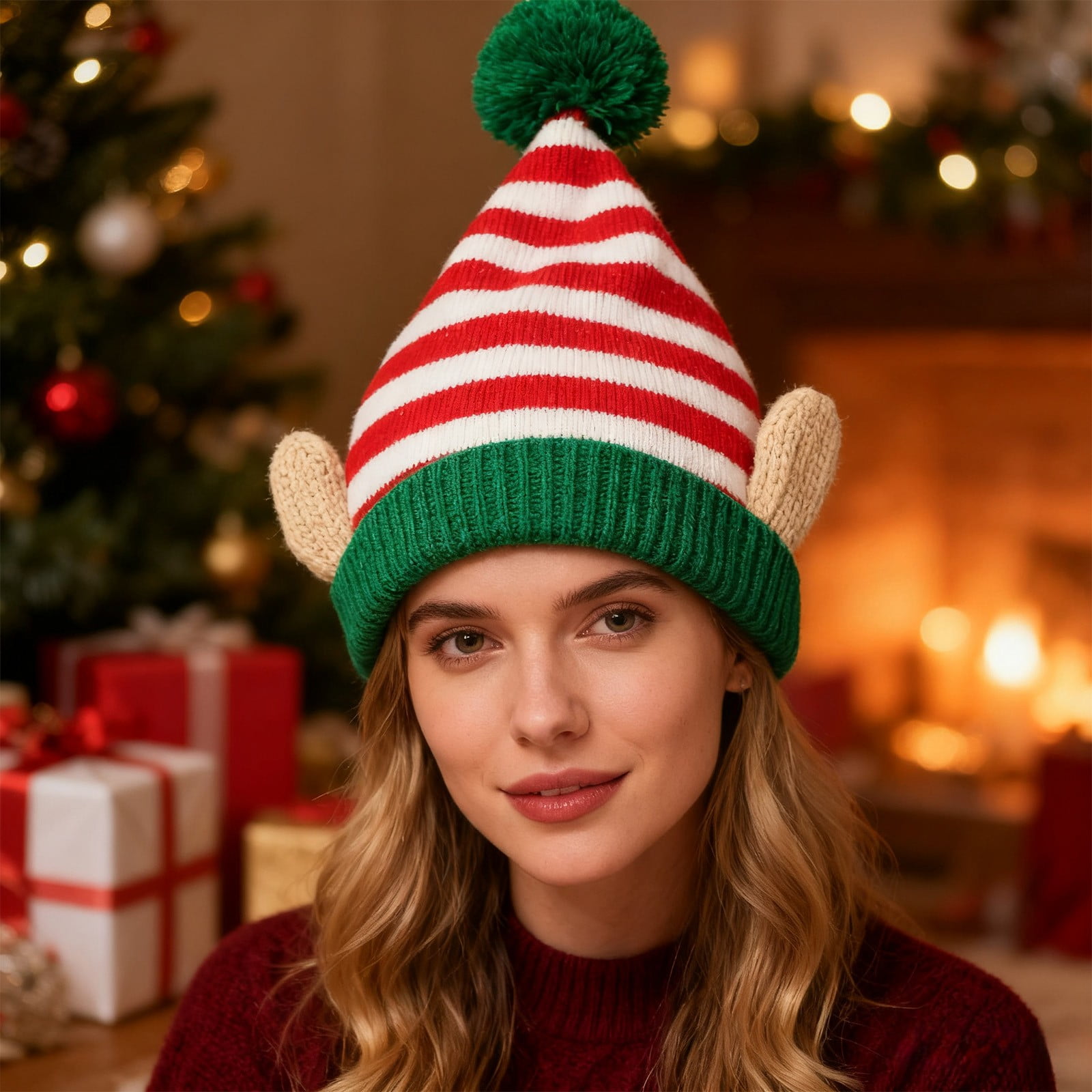 Striped Knitted Christmas Elf Hat with Furry Puff Ball for Winter ...