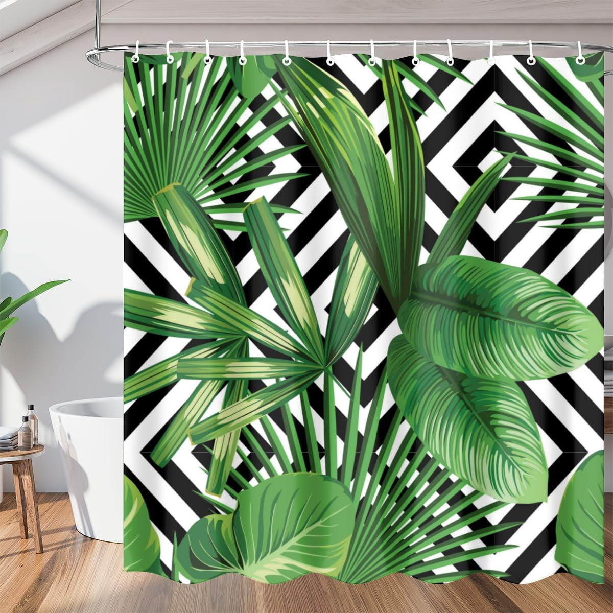Striped Leaves Shower Curtain for Bathroom Shower Curtain Set with 12 ...