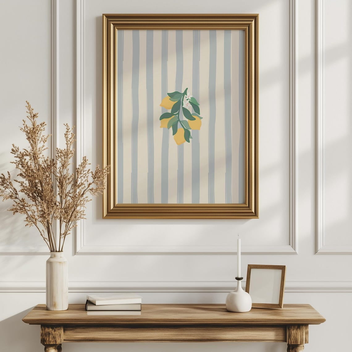 Striped Lemon Print Kitchen Wall Art, Grandmillennial Decor Lemon ...